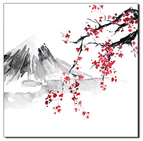 Obraz na plátně - Tradiční sumi-e obraz: sakura, slunce a hory - čtverec 3271A (50x50 cm)