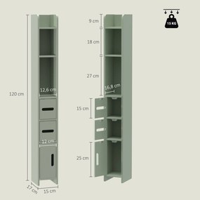 kleankin Vysoká koupelnová skříň, vysoká toalettní skříň s policemi a skříňkovými přihrádkami - 15 x 17 x 120 cm, světle zelená