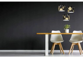 Závěsné svítidlo Gold Flowers, 3x černé textilní stínítko s květinovým vzorem,