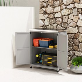Gartenschrank, Außenschrank mit Arbeitsfläche, Werkzeugschrank, Massivholz, Stahl, 79B x 43T x 92H cm, Grau