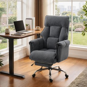 Ergonomická kancelářská židle HOMCOM s bederní oporou, výsuvnou opěrkou nohou a 360° otočným mechanismem — polární fleece, tmavě šedá