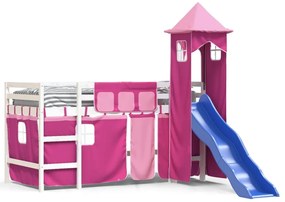 Dětská patrová postel s věží růžová 90 x 200 cm masiv borovice - Default Title