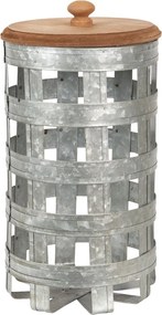 Plechový úložný box s dřevěným víkem - Ø 14*26 cm