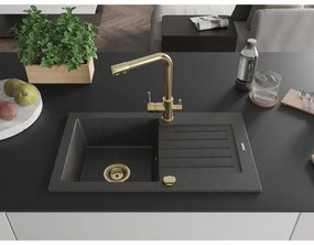 Mexen Pablo, granitový dřez 752x436x161 mm, 1-komorový a zlatá baterie Duero, černá skvrnitá, 6510-76-671600-50