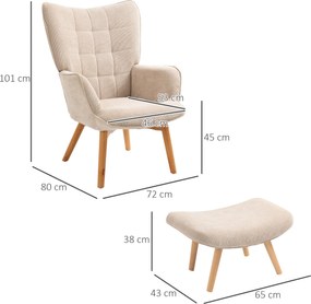 HOMCOM křeslo s taburetem polohovací křeslo čalouněné křeslo manšestrový vzhled lounge křeslo křeslo dřevěné nohy TV křeslo béžové do obývacího pokoj…