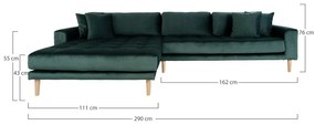 Designová sedačka s otomanem Ansley tmavě zelený samet - levá