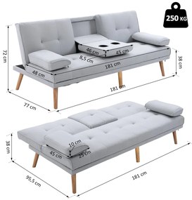 HOMCOM Rozkládací pohovka 3-místná, s držákem nápojů, polohovatelná, šedá, 181 x 77 x 78 cm 833-663