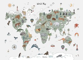 Dětská fototapeta na míru Zelenošedá Kreslená Mapa Se Zvířaty | Vliesová fototapeta na zed' | DFTD5P 352451