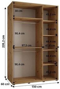 Šatní skříň FIDELIA 2 - 150/60 cm, dub artisan / černá / dub artisan