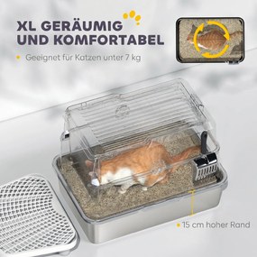 PawHut XL krytá kočičí toaleta z nerezové oceli s lopatkou a osvěžovačem – světle šedá