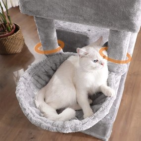 Škrabací sloup pro kočky s kočičím domkem, s odpočinkovým košem, světle šedý