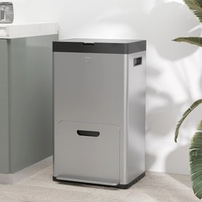 HOMCOM 56L Kuchyňský odpadkový koš s kolečky, 3 oddělení, tichý zavírací mechanismus, široký pedál, odolný proti otiskům prstů a zápachu stříbrný