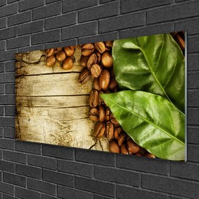 Obraz na skle Zrnka Káva Listy Kuchyně 100x50 cm