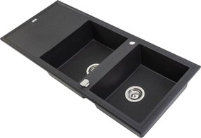 Laveo Megalo, 2-komorový granitový dřez 1160x500x185 mm s dlouhým odkapávačem, černá, LAV-SBE_721T