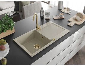 Mexen Leo, dřez granitový 900x500x190 mm, 1-komorový a zlatá baterie Telma, béžová, 6501-69-670200-50