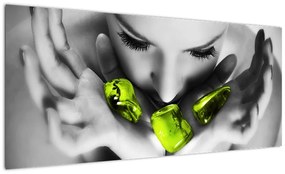 Moderní obraz - zelené kameny v dlani (100x40cm)