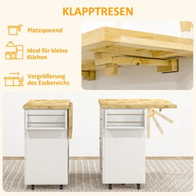 HOMCOM Kuchařský Ostrovní Vozík s Sklápěcími Víceúložnými Šuplíky 3 Šuplíky 1 Skříň 2 Dveře Držák na Utěrky a Spížová Polička - Bílá