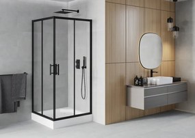 Mexen Rio, čtvercový sprchový kout 90 x 90 cm, 6mm čiré sklo, černý profil + bílá sprchová vanička RIO, 860-090-090-70-00-4510