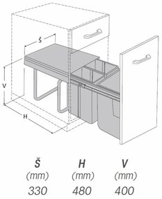 Výsuvný odpadkový 3-koš s úchyty dvířek,  2x10 l+1x20 l, K40-šedý plast