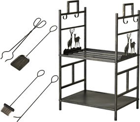 Outsunny Stojan na Dřevo s Nástroji do Krbu, Regál na Dřevo, Skladování Dřeva, Nástroje do Krbu Železo Černé+Zlaté 51,5x33x77 cm | Aosom