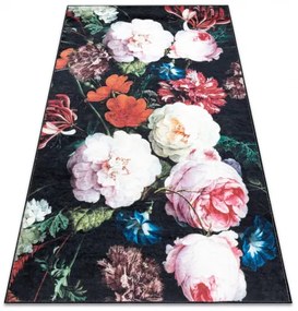 ANDRE mycí kobereček 1629 květiny vintage protiskluz - černý / růžový (Velikost: 80x150 cm)