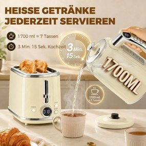 HOMCOM Sada konvice a toustovače s LED displejem, 1,7 l konvice s funkcí udržení teploty 3 hod., krémová
