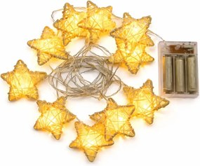 LED světýlka na baterie, ratanové hvězdy, 2,8 m, teple bílá, 10 diod, čirý kabel, IP20 interiér, 3 × AA