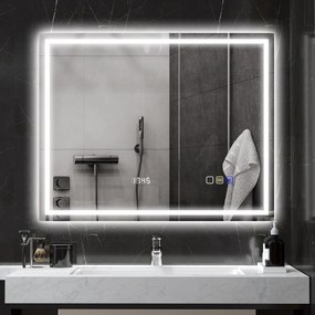 HOMCOM Koupelnové zrcadlo LED Bluetooth 80 x 100 cm dotykový spínač, nastavitelný světelný výkon 3 barvy, Anti-Fog, paměť, stříbrné
