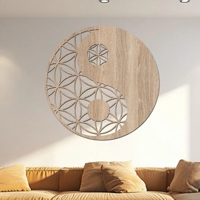 dřevo života Dřevěná obraz Yin Yang Květ Života Zvolte barvu dekoru: Dub Sonoma, Zvolte rozměr Ø (cm): 95