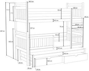 Dětská patrová postel z masivu borovice PETR s přistýlkou a šuplíky - 200x90 cm - BÍLÁ