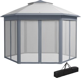 Outsunny skládací pavilon 4 x 4 m Šestiúhelníkový design Sítě proti hmyzu, voděodolná ventilační střecha pro grilovací párty Šedá+Bílá