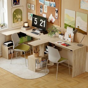 HOMCOM rohový stůl, 120 x 100 x 76 cm, L‑tvar psací stůl s výsuvem na klávesnici, 4 otevřené přihrádky, přírodní
