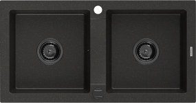Mexen Mario, granitový dřez 820x436x161 mm, 2-komorový, černá-zlatá metalíza s černým sifonem, 6504822000-75-B