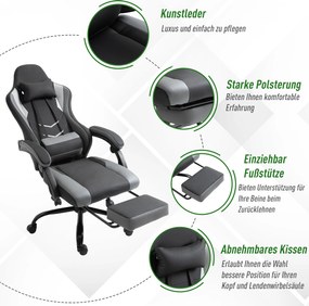 Herní křeslo Vinsetto, výškově nastavitelné, s opěrkou hlavy a bederním polštářem, ergonomické, do 120 kg, s podnožkami, černé | Aosom.de