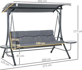 Outsunny Hollywoodská houpačka Třímístná zahradní houpačka Houpací lavice s nastavitelnou sluneční stříškou Čajový stolek Ocel Polyester Šedá+Černá 2…