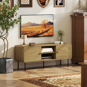 HOMCOM TV nábytek, televizní skříň až do 140 cm s 2 dveřmi, 2 otevřenými přihrádkami, kovovými nohami, 120 x 40 x 50 cm, dub