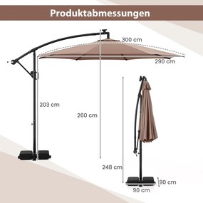 Costway 300 cm slunečník s LED osvětlením 9 Modes s pytli s pískem