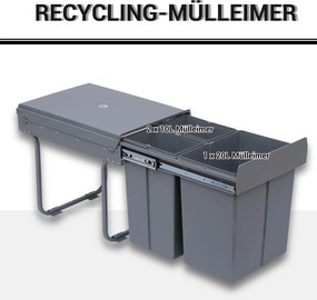 Mülleimer-Konstruktion mit 3 Abfalleimern zur Mülltrennung, Schienensystem, einbaubar, 3er-Set Müllbehälter, Grau