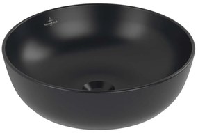 Villeroy & Boch Artis - Umyvadlo na desku, průměr 43 cm, bez přepadu, bez otvoru pro baterii, CeramicPlus, Pure Black 417943R7