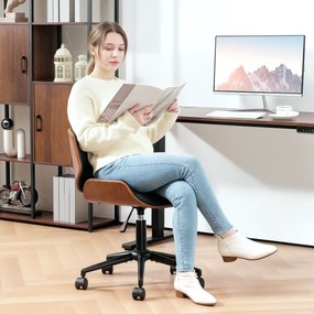 HOMCOM mid-century kancelářská židle bez područek — ergonomická, výškově nastavitelná, 360° otočná, PU, černá/ořech