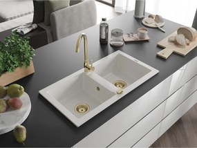 Mexen Mario, granitový dřez 820x436x161 mm, 2-komorový, bílá se zlatým sifonem, 6504822000-20-G