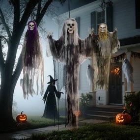 HOMCOM Visící kostlivci-duchové, sada 3 ks, Halloween dekorace, nastavitelná paže, 90/110/200 cm