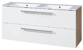 Mereo Bino - Skříňka s dvojumyvadlem 1210x548x460 mm, 2 zásuvky, lesklá bílá/dub CN673