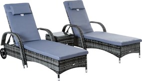 Outsunny Zahradní Lehátka s Bočním Stolkem - 3-dílná Sada Zahradního Nábytku, Polyrattan+Metal Šedý