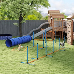 PawHut 8dílná sada agility pro psy s tunelem, slalomem, nastavitelnými překážkami, kruhem, pauzovací plošinou, miskou, hračkami a taškou — zahrada, v…