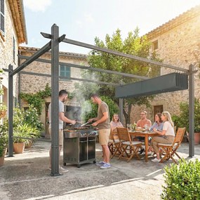 Pergola 3 x 4 m s posuvnou střechou, automaticky zatahovací rolety, hliníkový rám UV50+