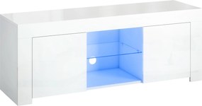 HOMCOM TV skříňka s LED osvětlením, 2 dveře skříně, skleněná police, otvory pro kabely, do obývacího pokoje, dřevotříska, bílá
