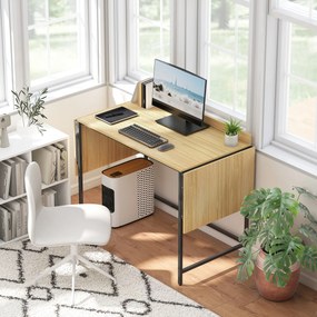 HOMCOM Sklápěcí počítačový stůl se 2 vysouvacími deskami, hodně místa pro monitory, kovové nohy, robustní konstrukce, dub+černá