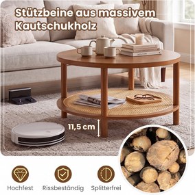 Costway Konferenční stolek kulatý dřevěný Ø80 cm se skleněnou deskou PE ratanová