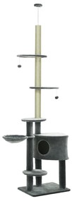 Strom pro kočky PawHut s nastavitelnou výškou H220-265 cm, nosnost do 30 kg, strom pro kočky s bidýlky, hracím míčem a postranním pelíškem, tmavě šed…